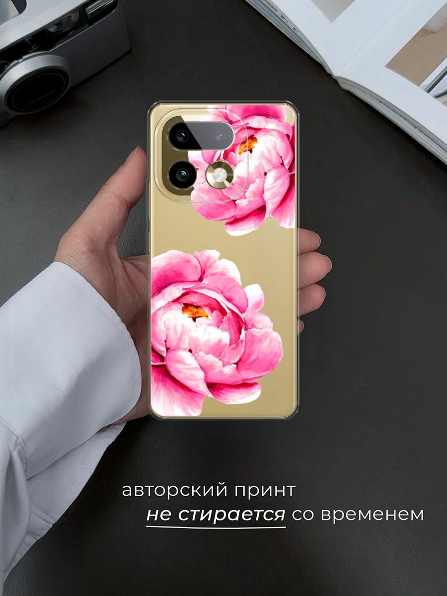 Чехол на Realme 16 Pro+ / Реалме 16 Про+ с принтом Open peonies, прозрачный — фото 1