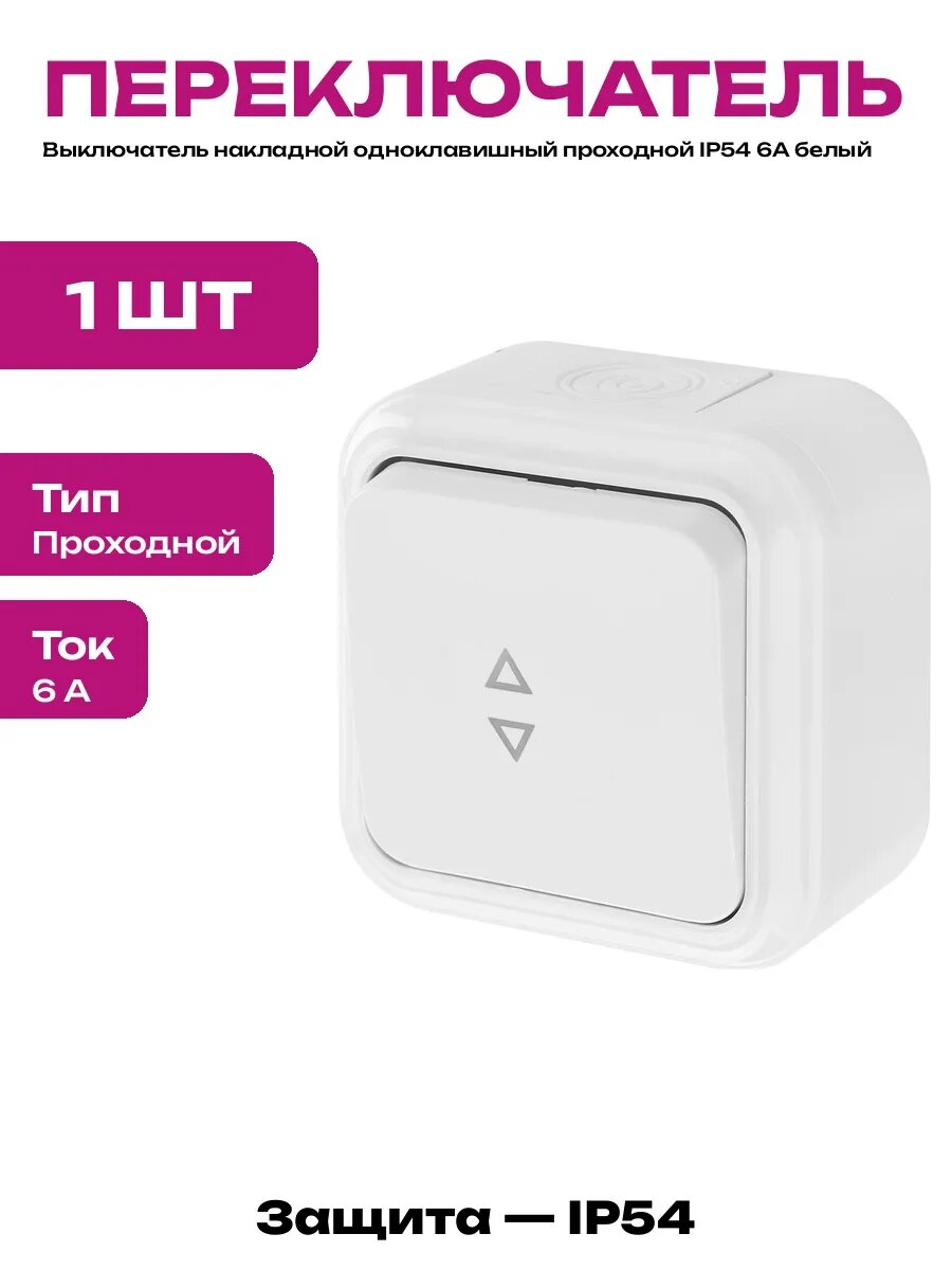 Выключатель 1 клавишный проходной накладной IP54 пралеска 6А