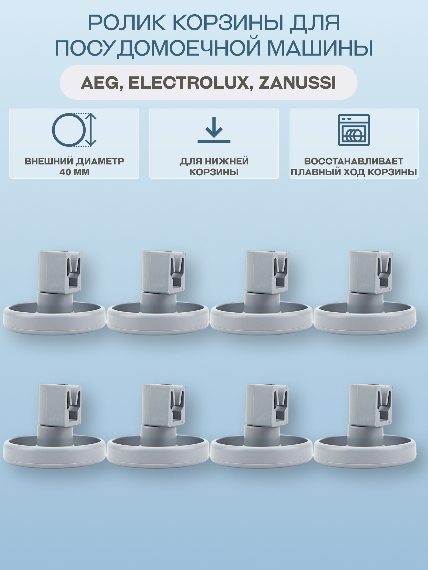 Ролик корзины для посудомоечной машины AEG, Electrolux, Zanussi, нижний (комплект 8 штук)/50286965004