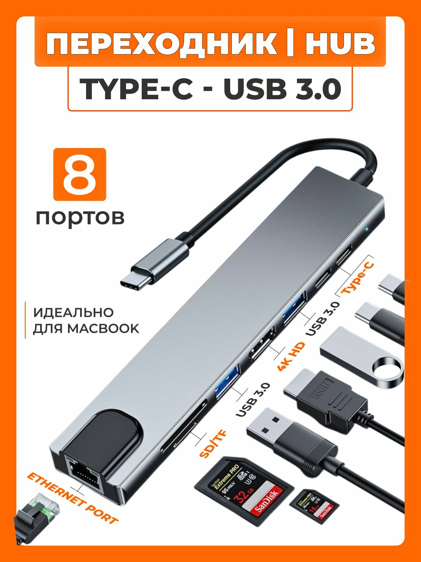 USB Концентратор на 8 портов: USB, Type-C, HDMI, Ethernet, microSD, SD. Разветвитель, хаб, картридер для ноутбука.