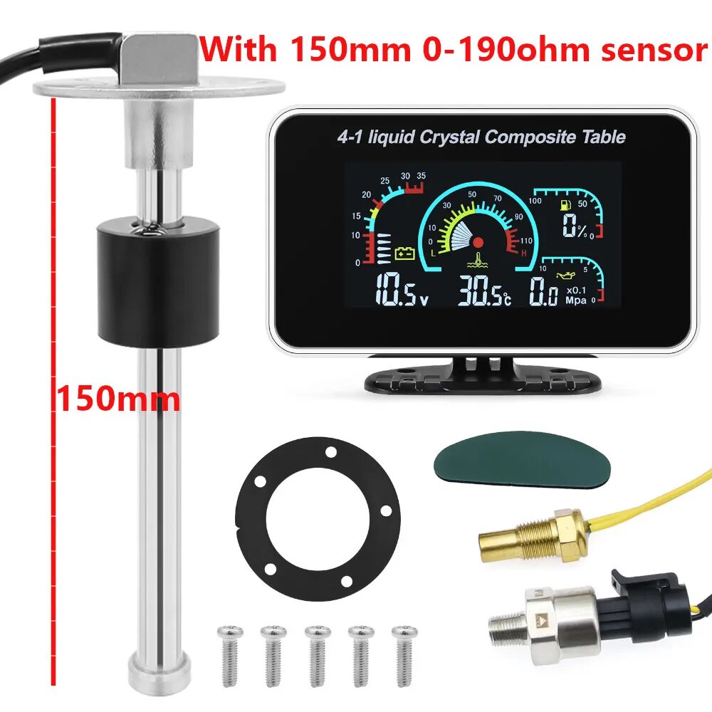 Цифровой ЖК-датчик 4-в-1 Для Автомобилей И Грузовиков — Вольтметр Температуры Уровня Топлива И Давления Масла С Датчиком Топл.