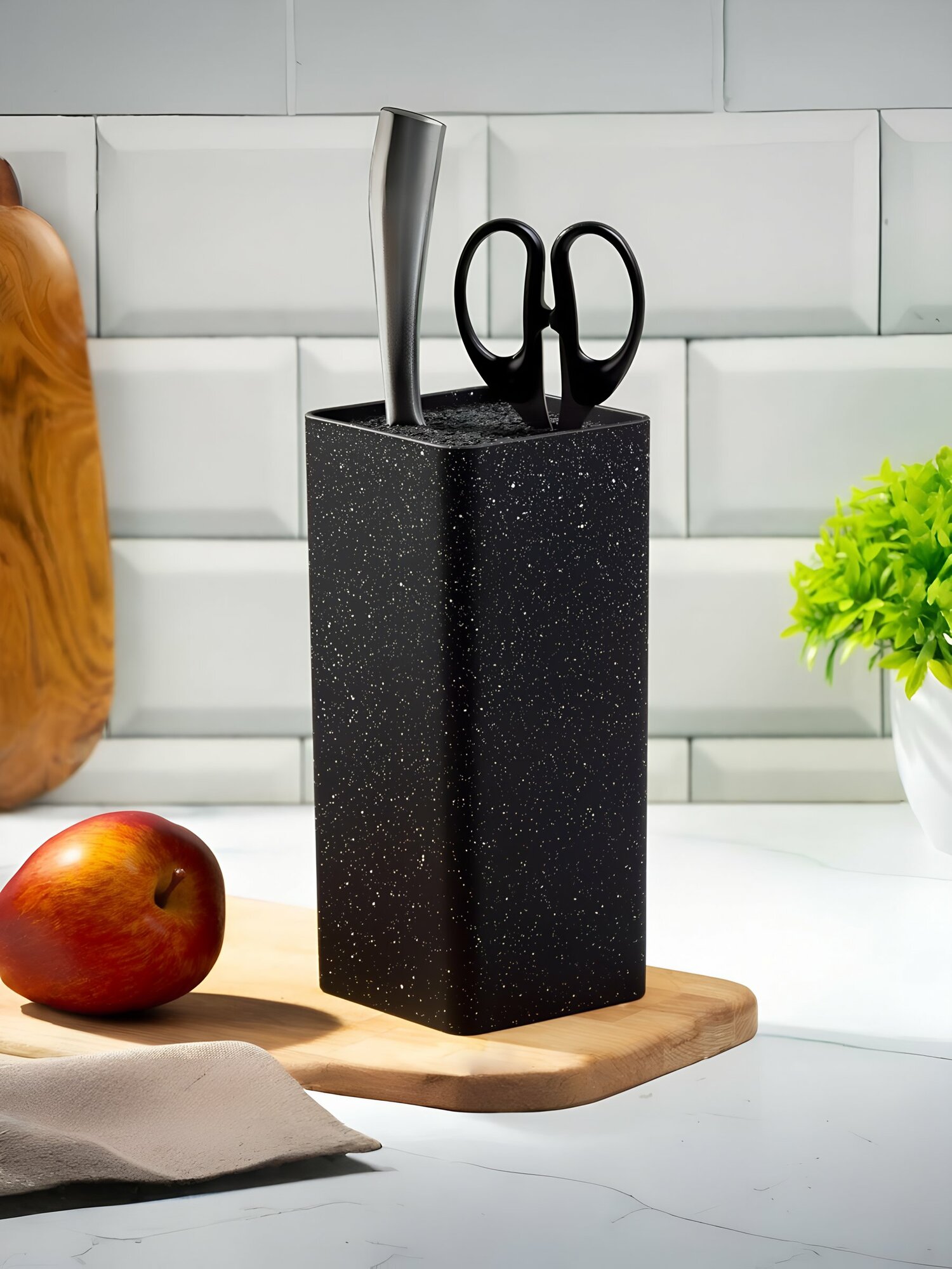 Подставка для ножей, пластик, 11х11х22 см, черный мрамор, Y4-5431