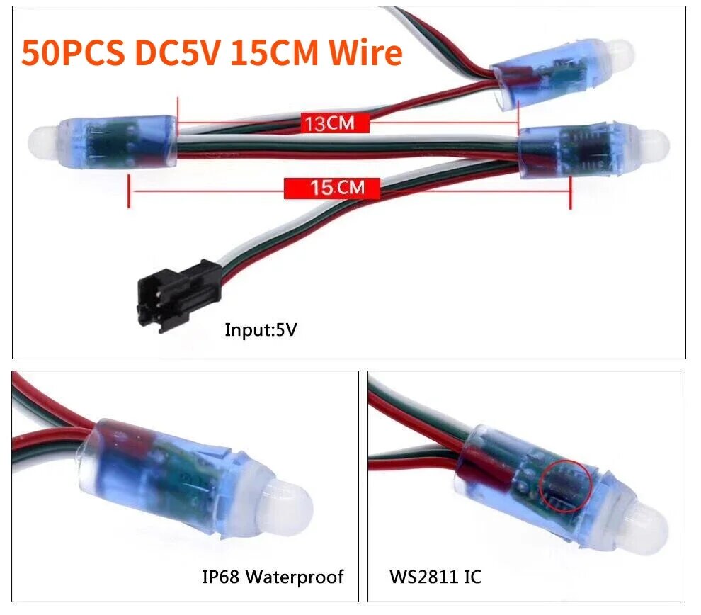 50шт WS2811 LED модуль, 5V, 15см, водонепроницаемый