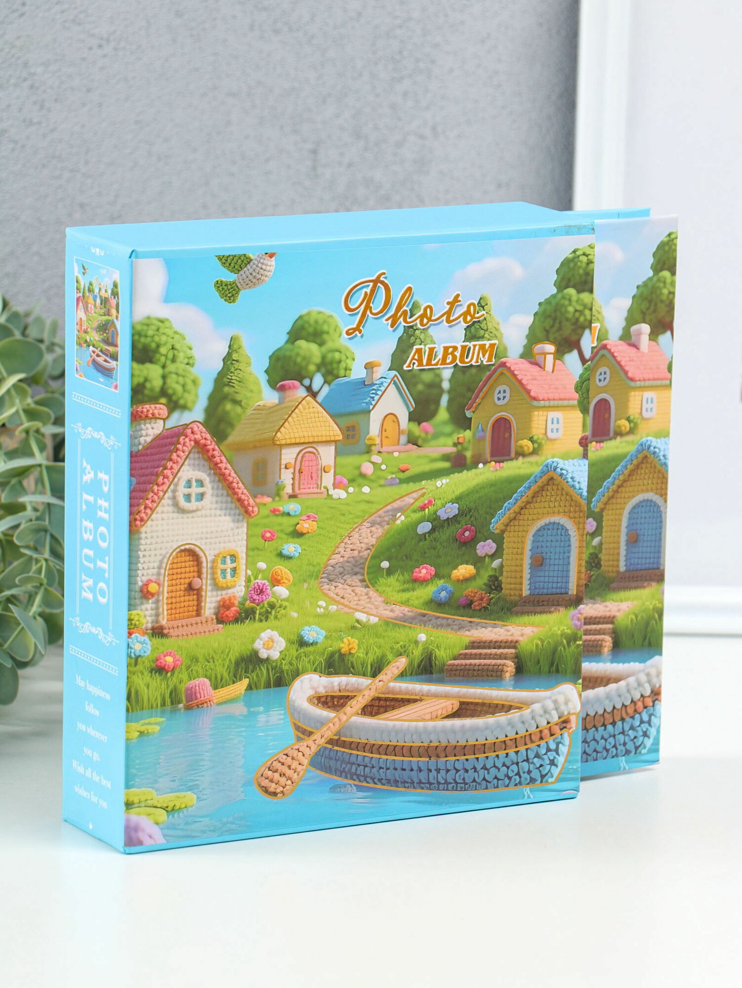 Фотоальбом на 100 фото 13x18 см "Вязаные домики у реки", в коробке, 5x18x20.5 см