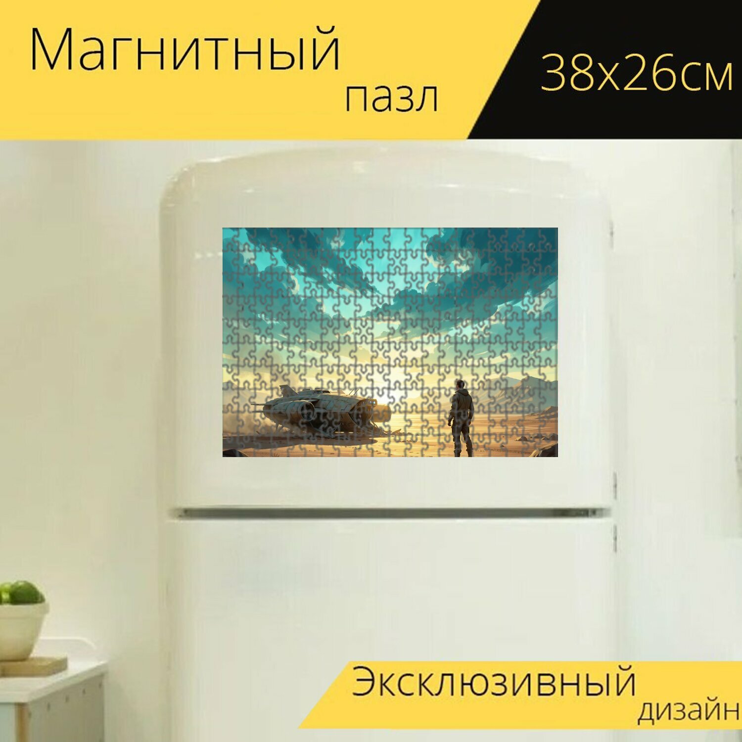 Магнитный пазл "Космический корабль в пустыне. Фантастическая сцена с приземлившимся звездолетом на песчаной равнине, одинокий человек на фоне сияющего." для интерьера, 38х26 см.