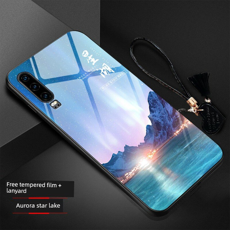 Чехол для Huawei P30 из силикона с дизайном Aurora Lake, закаленным стеклянным защитным экраном и брелоком