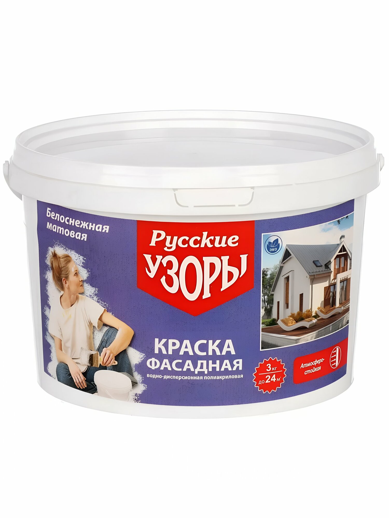 Краска воднодисперсионная, Русские узоры, полиакриловая, фасадная, матовая, белоснежная, 3 кг