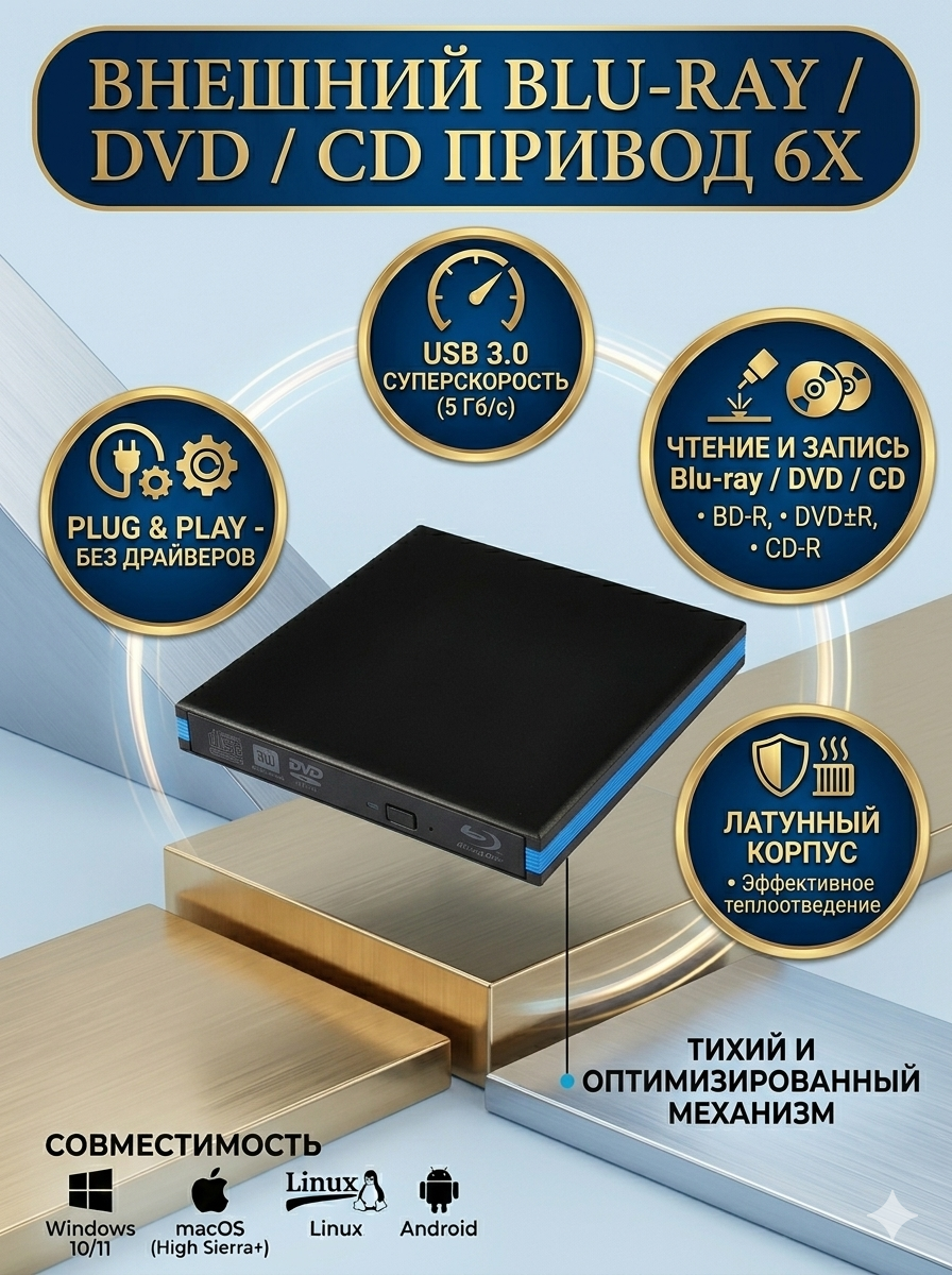 Внешний Blu-Ray рекордер, USB 3.0, поддержка всех форматов дисков