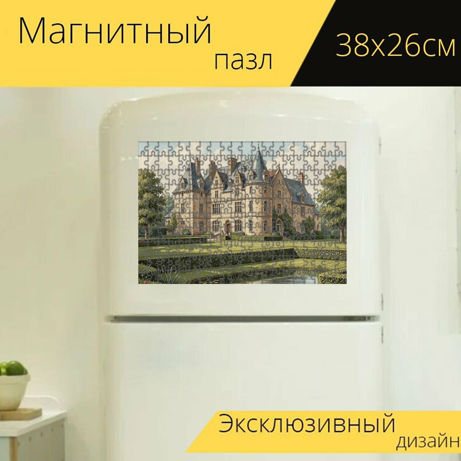 Магнитный пазл "Замок в ухоженном саду. Английский особняк с башнями и мансардами в живописном парке, аккуратные живые изгороди, пруд и клумбы с цветами." для интерьера, 38х26 см.
