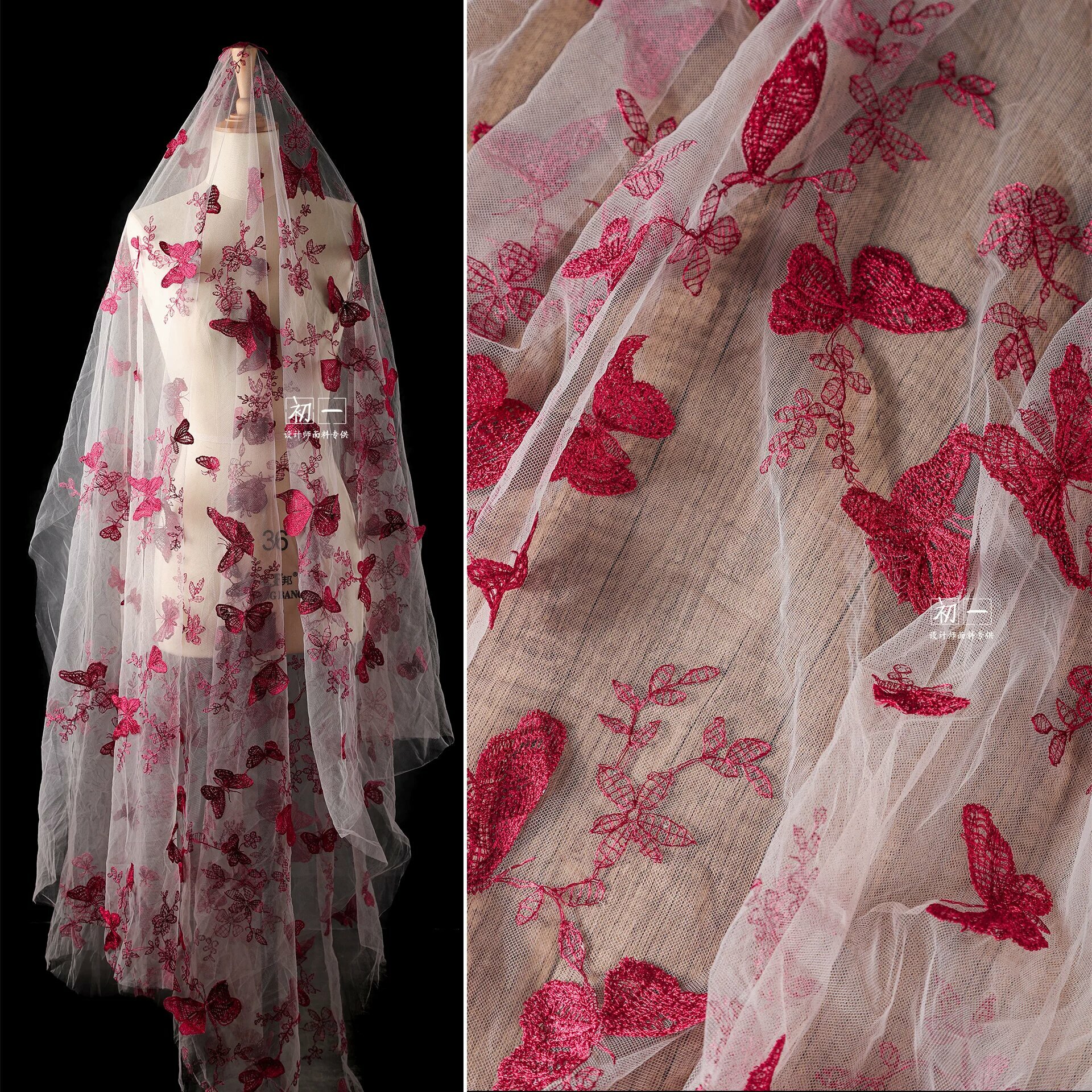 Черная стереоскопическая ткань с вышивкой в виде бабочек, креативная ткань для свадебных платьев, юбок, ручной работы,