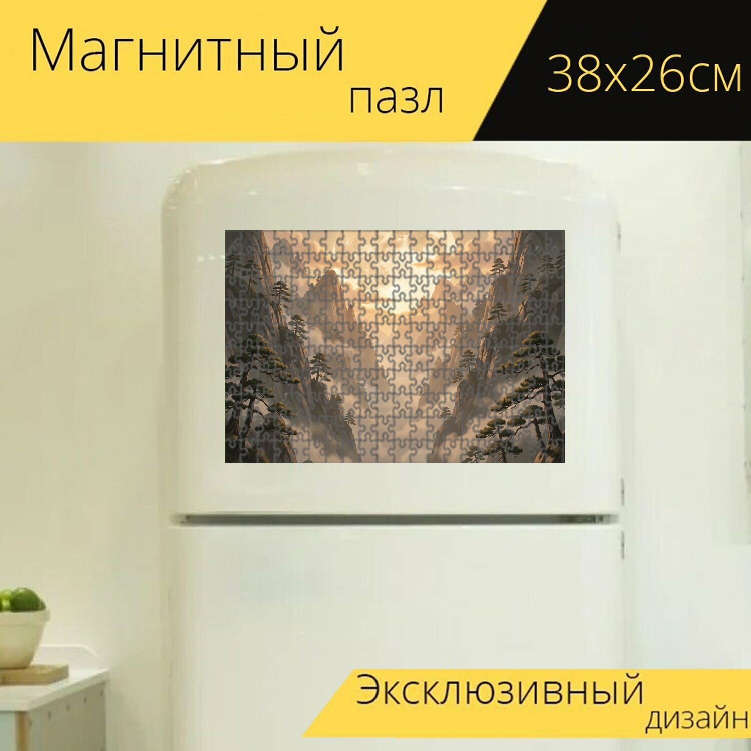 Магнитный пазл "Лунный горный пейзаж в тумане. Фантастические скалы и вершины в облачной дымке, огромная сияющая луна в небе, теплые золотистые оттенки и." для интерьера, 38х26 см.