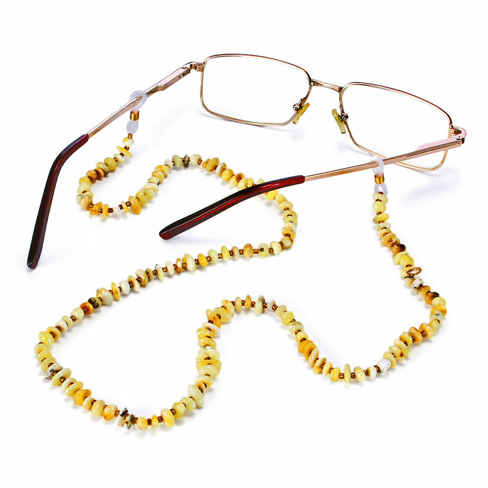 Цепочка для ношения очков из натурального молочного янтаря через бисер