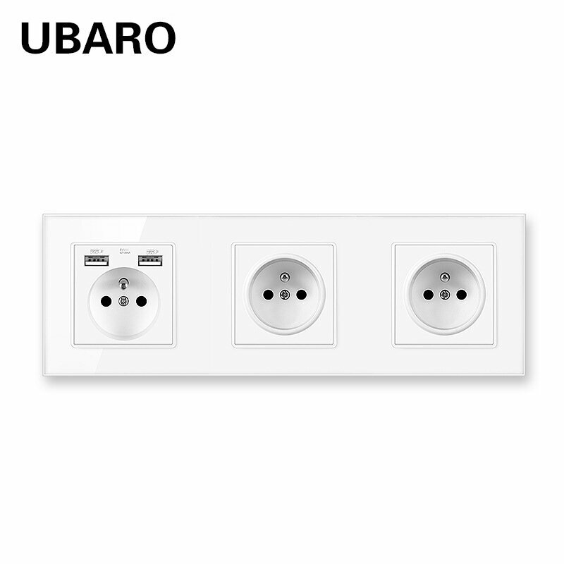 FR-258 Накладной розетка 16А встраиваемая с закаленным стеклом, белый, 1 USB, 2 розетки