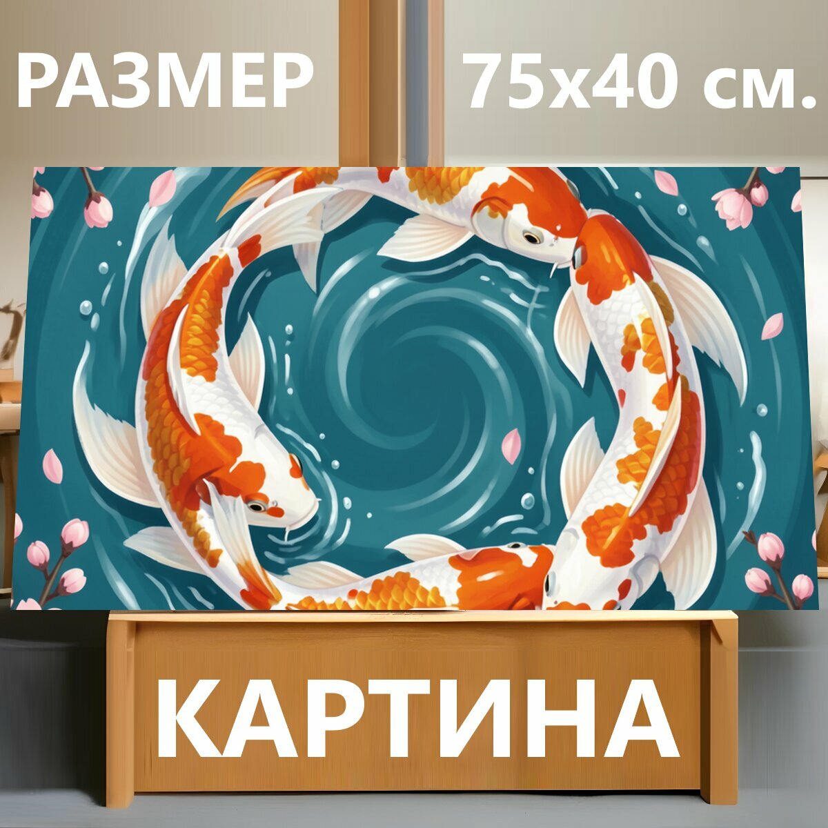 Картина на холсте "Карпы кои среди цветущей сакуры. Яркие японские рыбы кружат в бирюзовой воде, образуя динамичный круг с брызгами и мягкими." на подрамнике 75х40 см. для интерьера