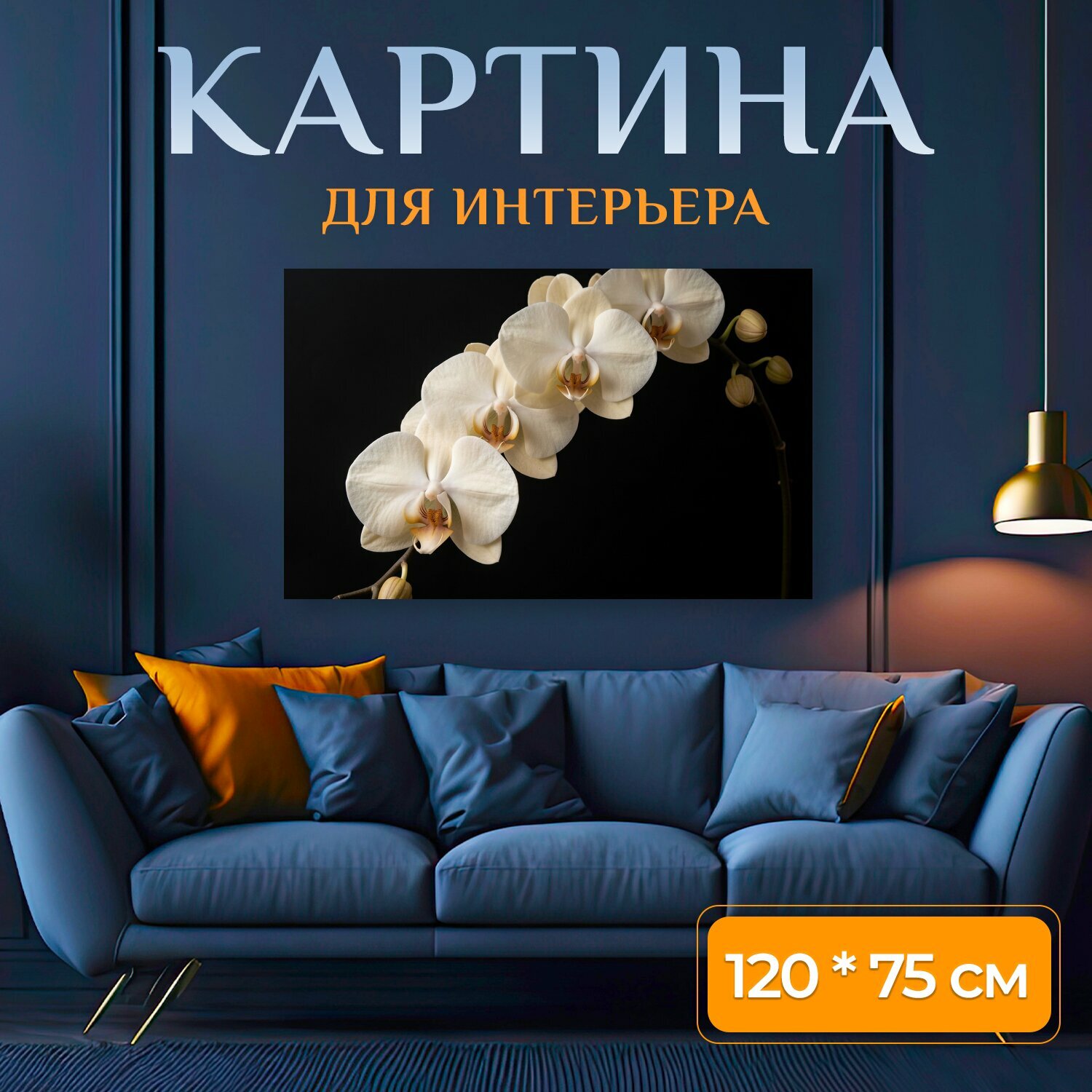 Картина на холсте "Белая орхидея на черном фоне. Изящные кремово-белые соцветия с бутонами на темном фоне, минималистичная композиция, нежная." на подрамнике 120х75 см. для интерьера