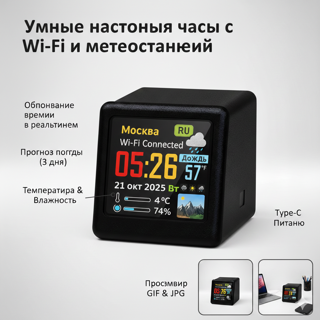 Умные настольные часы с Wi-Fi и метеостанцией: электронные часы с прогнозом погоды, температурой и датой черное