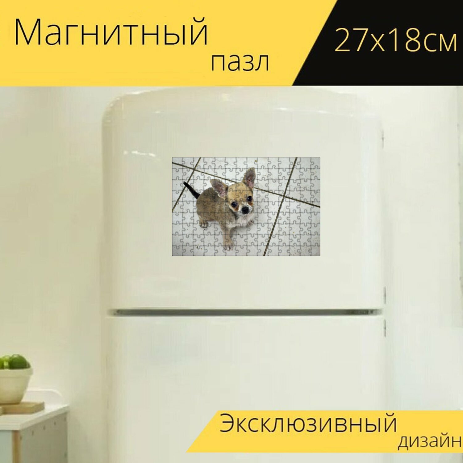 Магнитный пазл "Щенок Чихуахуа (d) щенок чихуахуа животные собака щенок чихуахуа порода домашнее животное домашние животные игривая собака-компаньон собака игрушки" на холодильник 27 x 18 см.