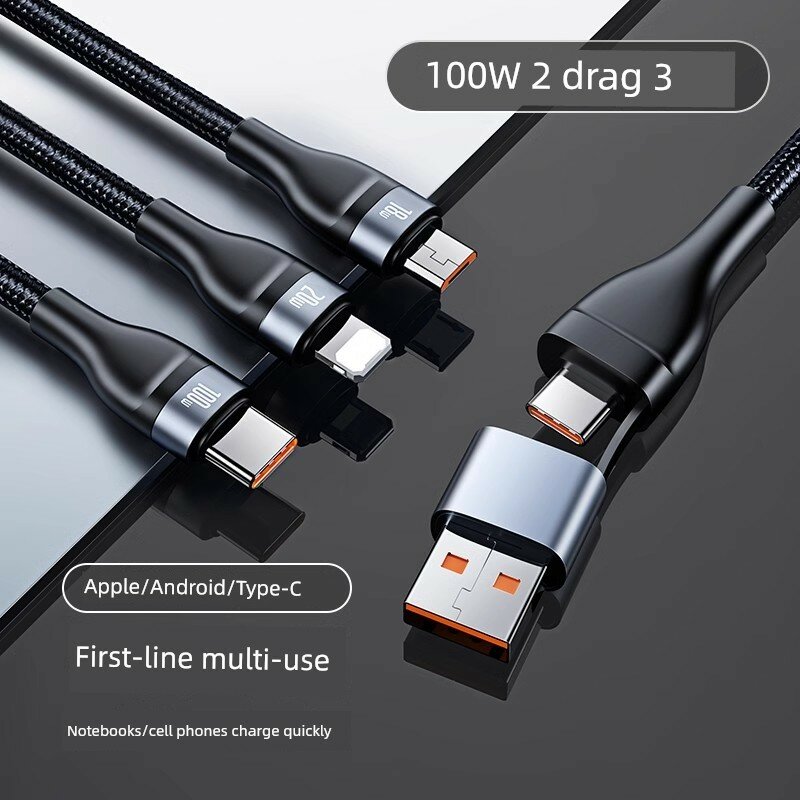 Черный кабель 1,2 м с USB-C и Type-C двойным портом, 100 Вт быстрой зарядки для iPhone, ноутбука, планшета