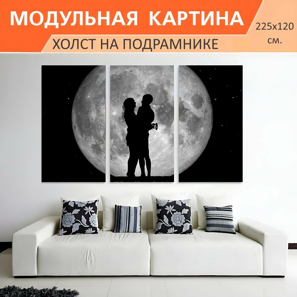 Модульная картина на холсте "Влюбленная пара Влюбленная пара с полной луной пара влюбленный Луна полнолуние ночь обои стену." триптих на подрамнике 225х120 см. для интерьера