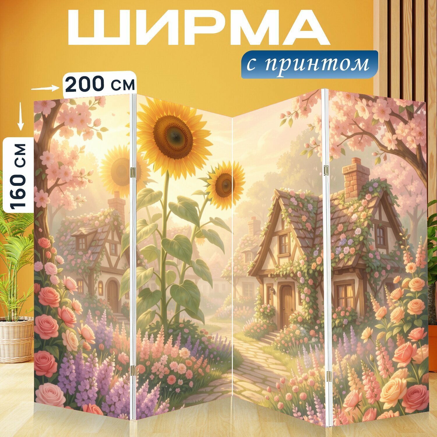 Ширма "Солнечный сад с подсолнухами. Уютная сказочная деревня среди цветущих деревьев и пышных клумб, высокий." перегородка для зонирования комнаты с принтом 200x160 см. на холсте