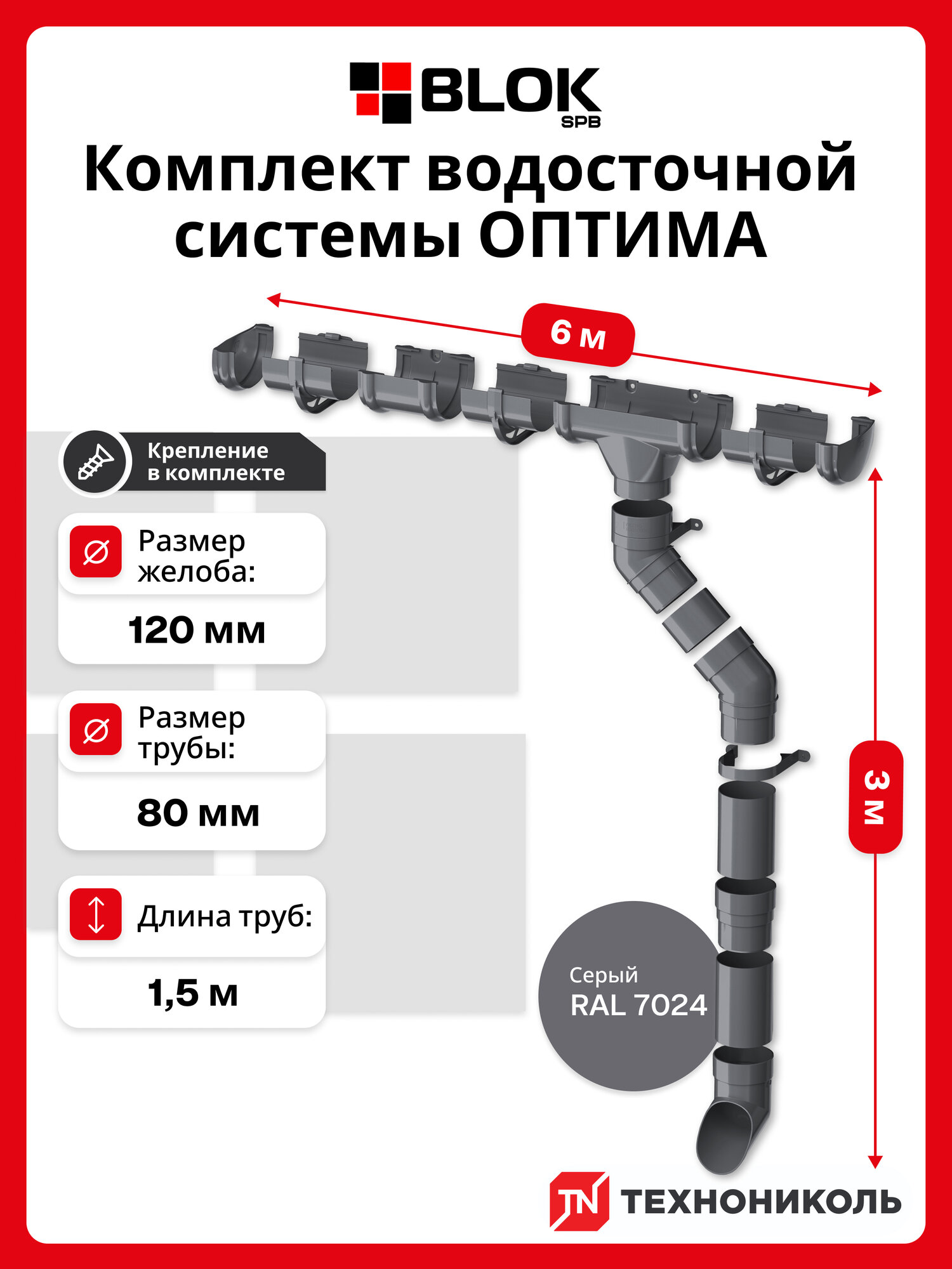 Комплект водосточной системы Серый 7024 ТН оптима 120/80 мм, для ската 6м, (желоба 1,5м)