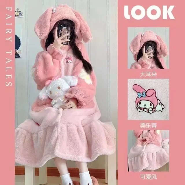 Милая пижама с героями мультфильмов Sanrio в стиле Hello Kitty, бархатный халат для девочек, милый длинный халат, повседневный комплект одежды для дома.