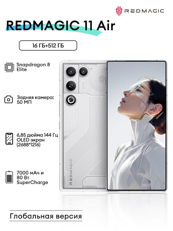 Смартфон REDMAGIC, 11 Air, Snapdragon 8, Elite, RedMagic RedCore, R4, 7000мАч, 144Гц, 80Вт