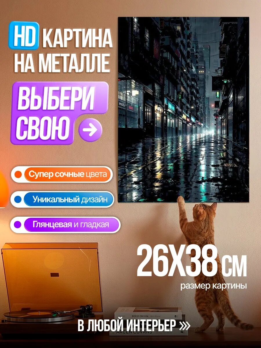 Картина на HD металле Ночной город после дождя