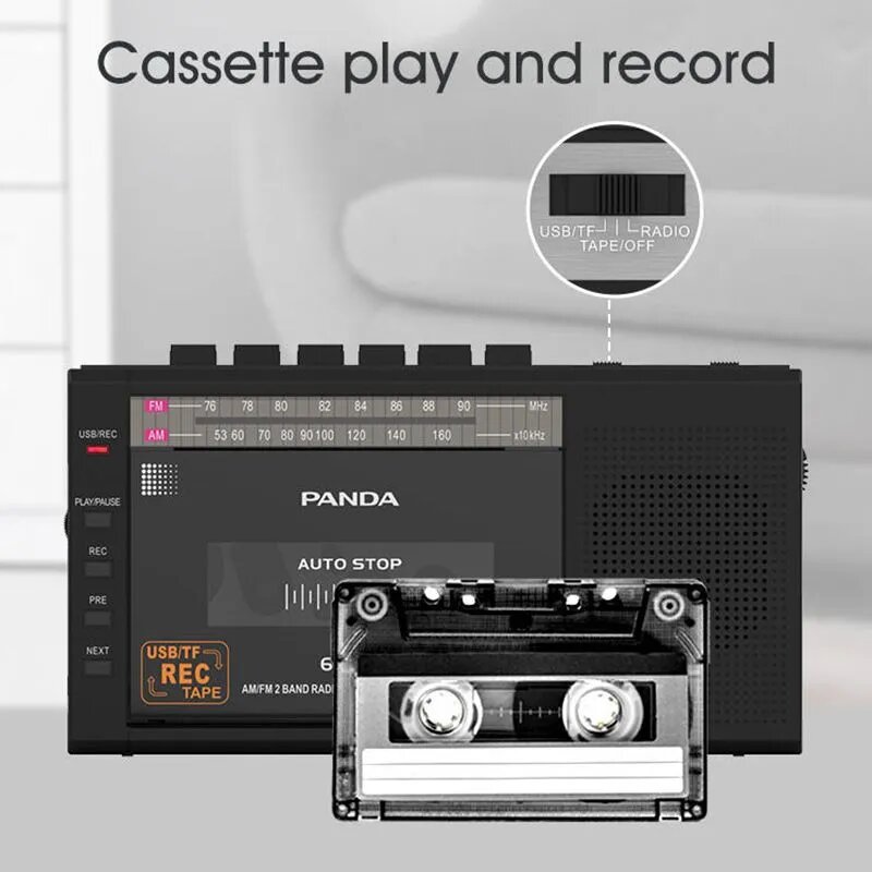 PANDA 6503 Магнитола, черная портативная магнитола с MP3, FM/AM, USB, кассетами
