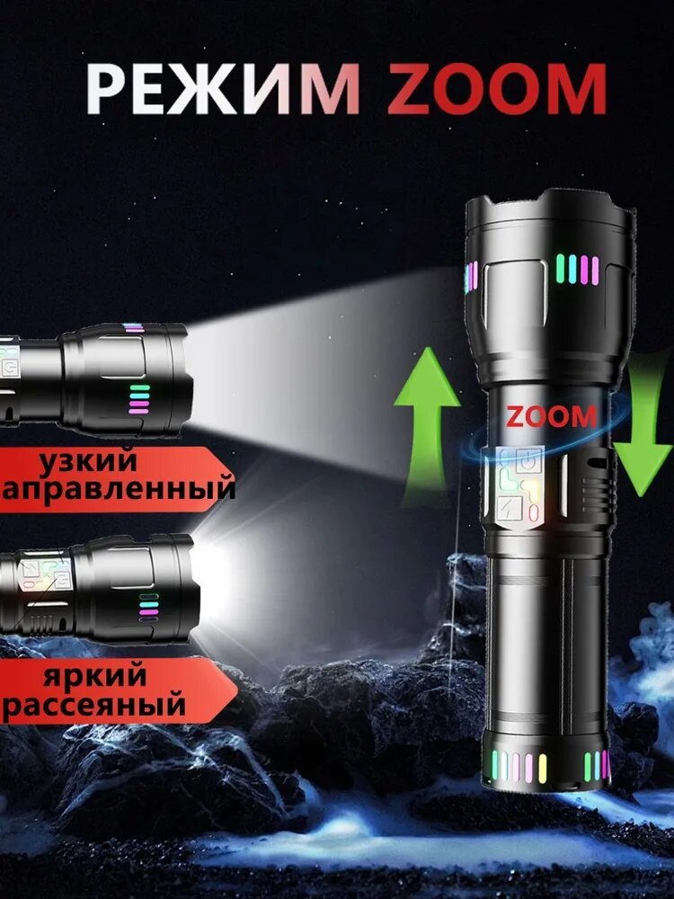 Ручной фонарь PM60-TG: 40000 лм, 5000 м, 30 Вт, 5 режимов, IPX6, 18650, черный — фото 1