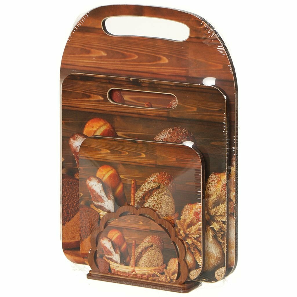 Набор разделочных досок из дерева 3 шт с ручкой и подставкой, квадратные доски для хлеба, овощей и фруктов, модель Хлеб КМ-8