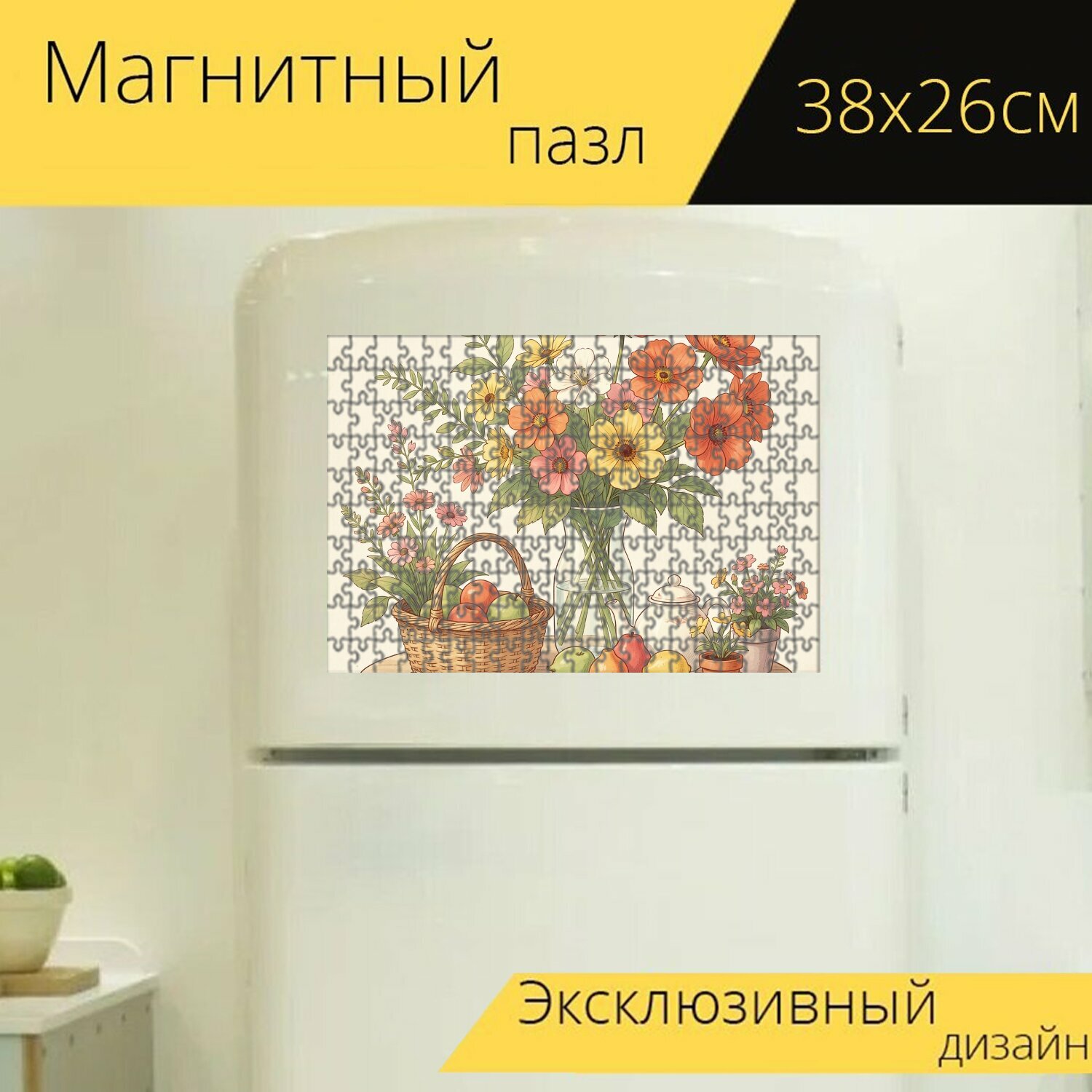 Магнитный пазл "Полевые цветы и фрукты. Нежный ботанический натюрморт: букет в стеклянной вазе, корзина с яблоками и грушами, чайник, комнатные растения." для интерьера, 38х26 см.