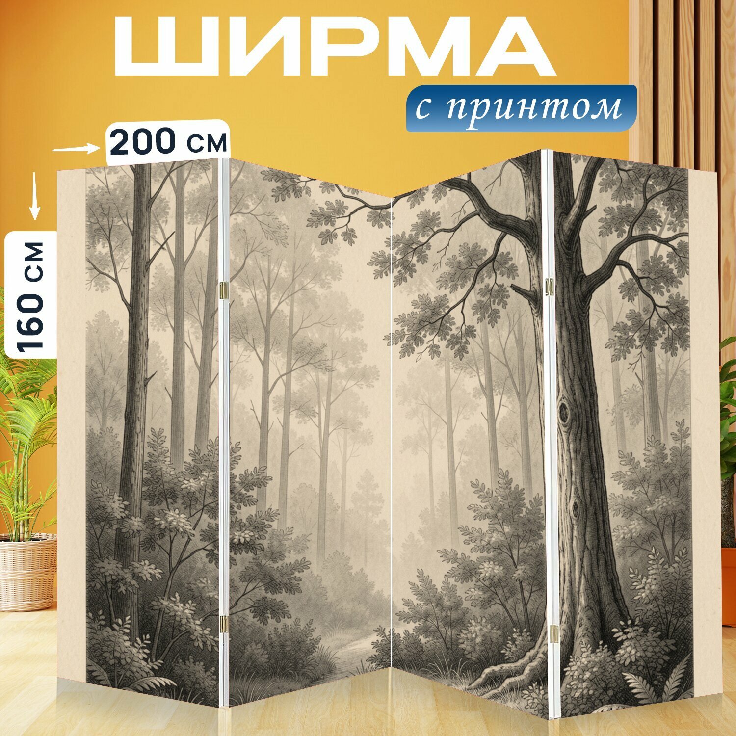 Ширма "Туманный лесной пейзаж. Старинная графическая иллюстрация чащи с высокими деревьями, кустарником и." перегородка для зонирования комнаты с принтом 200x160 см. на холсте