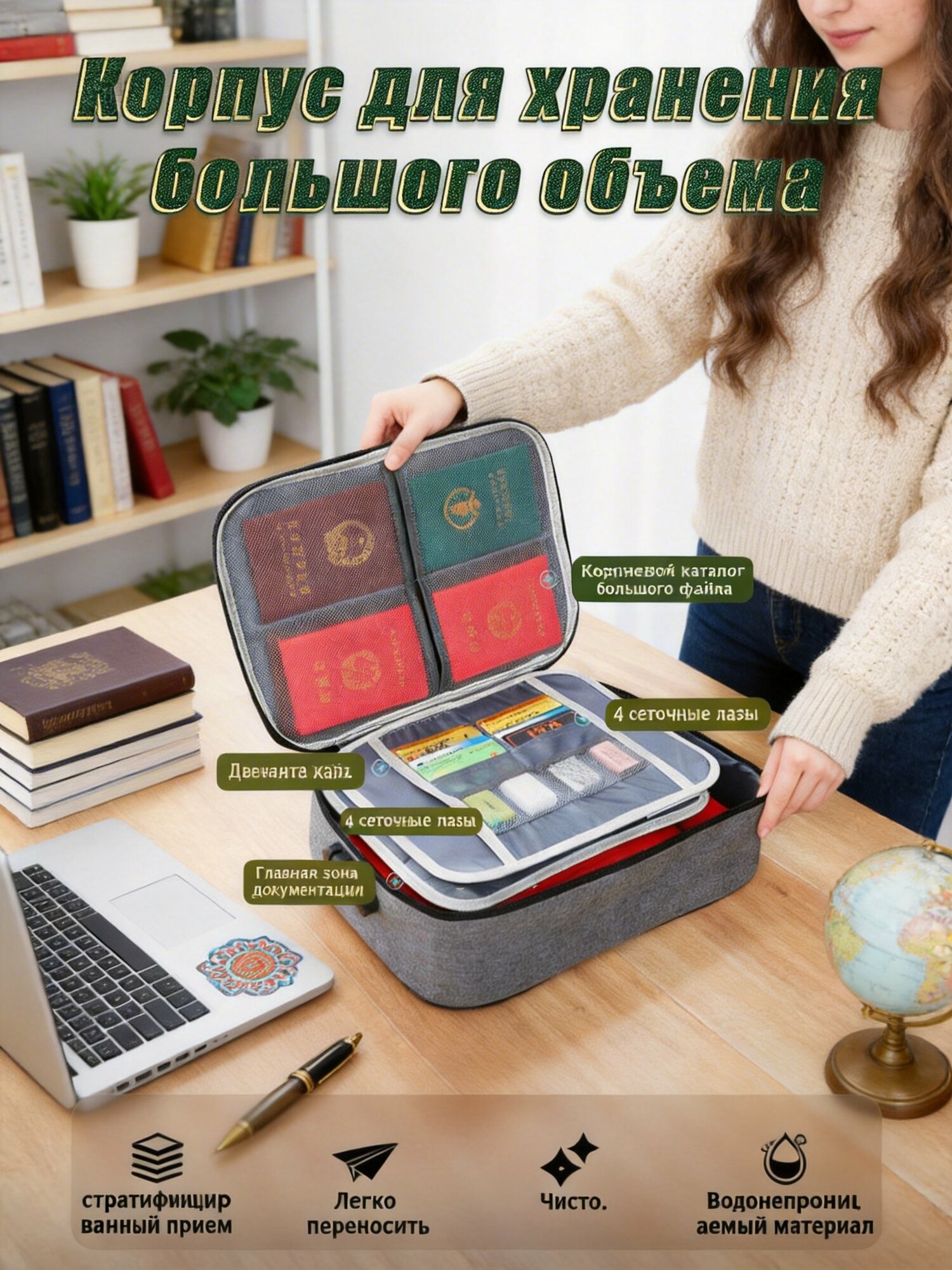 Органайзер для документов водонепроницаемый с комбинированным замком — кейс для A4/A5, 4 отделения, ручка и ремешок