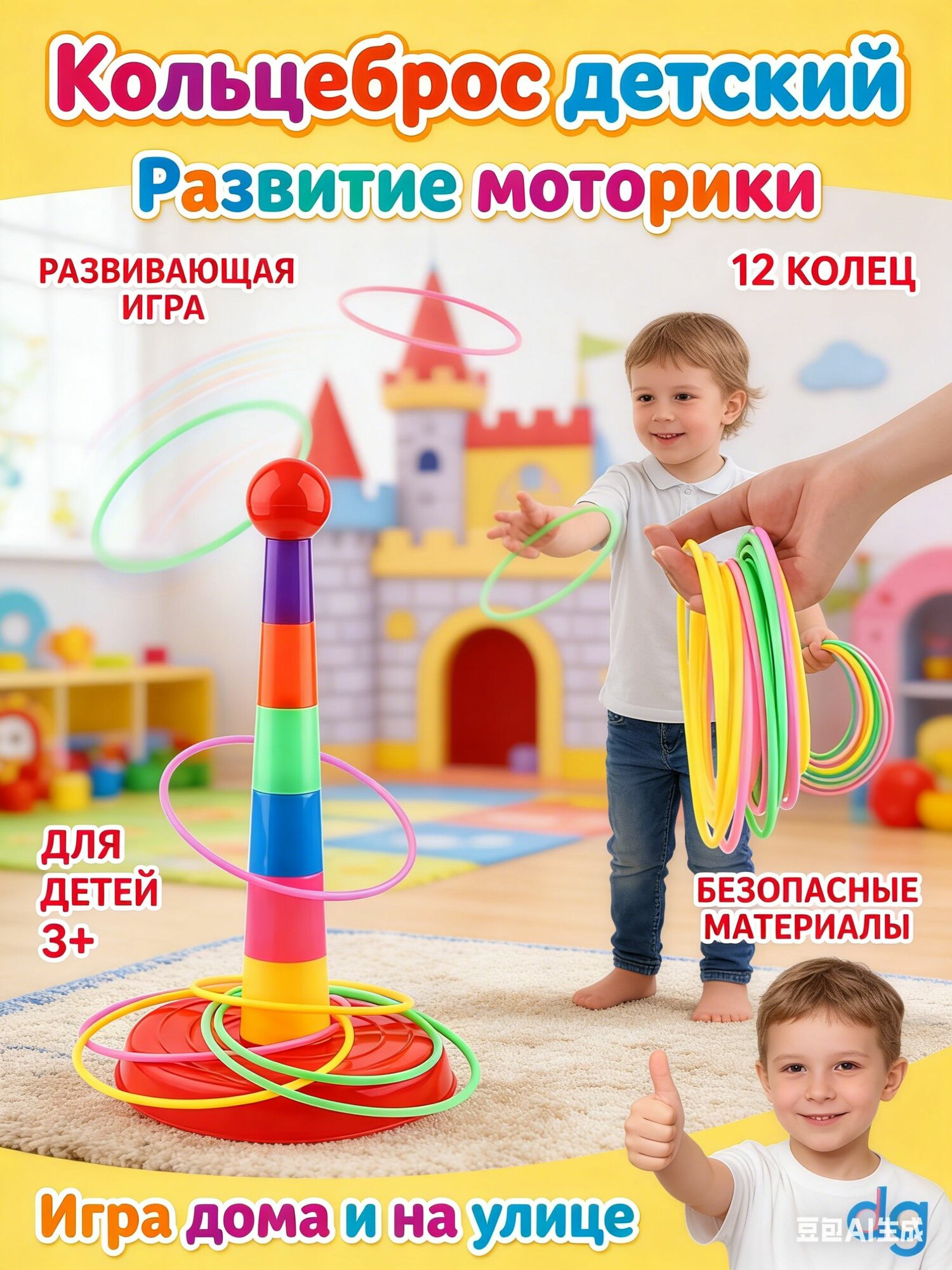 Детский кольцеброс с башней и 12 кольцами