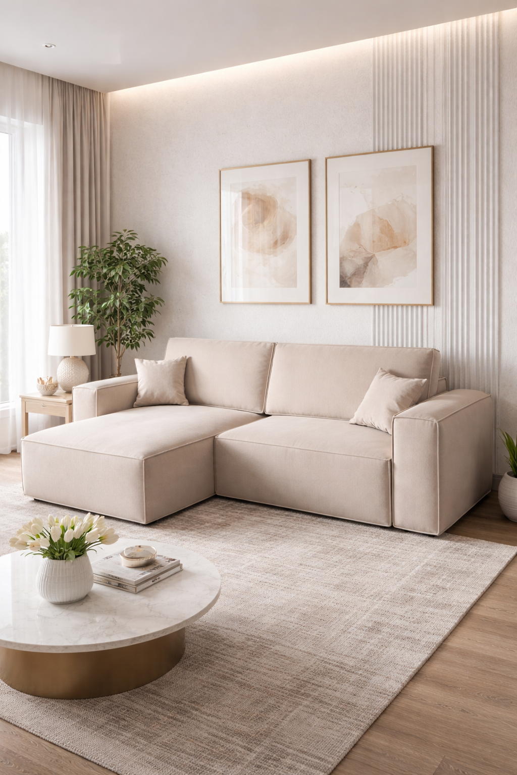 Угловой диван раскладной Бостон с НПБ бежевый, угол универсальный, Еврокнижка, 256х155х61 см