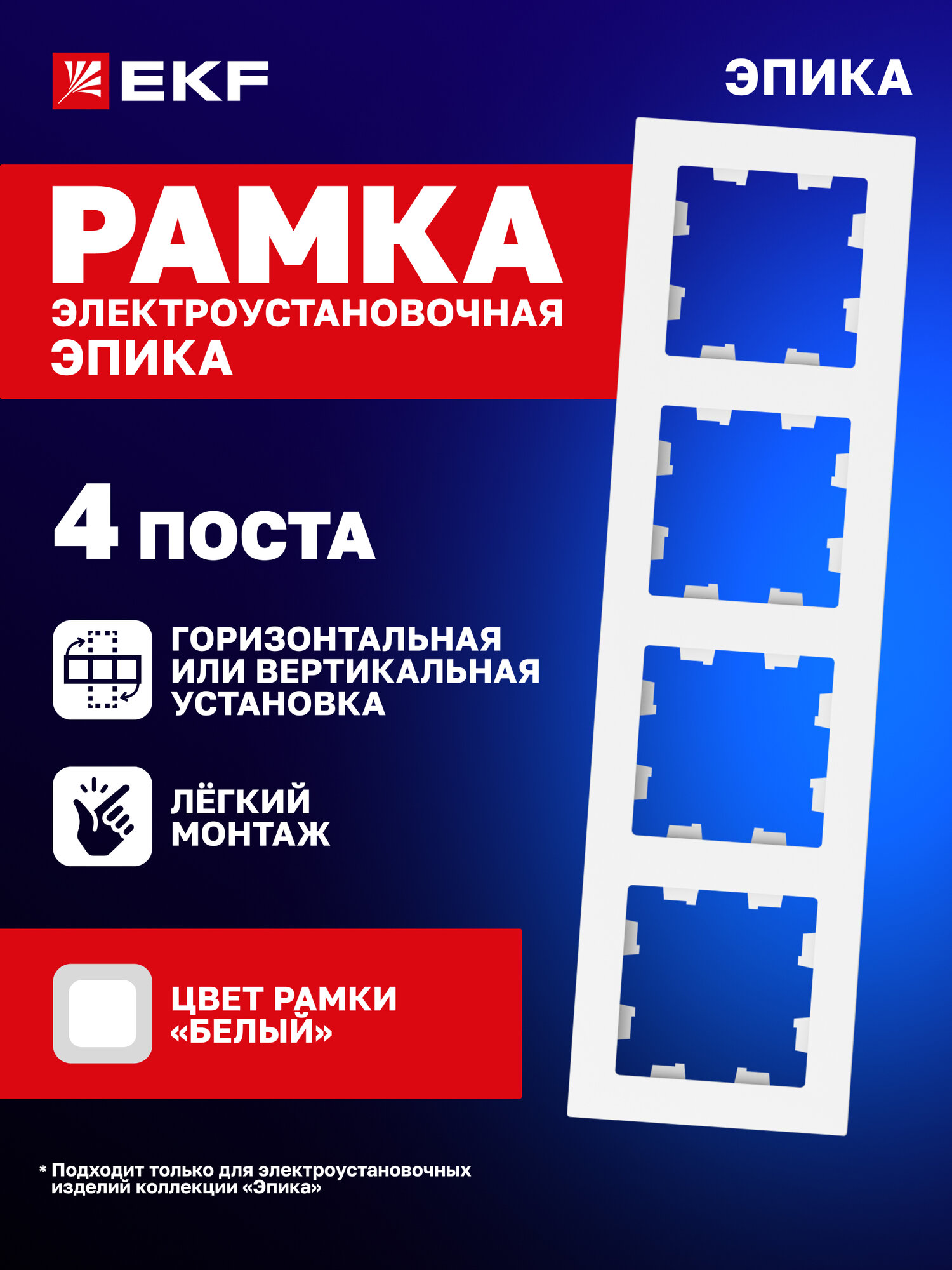 Рамка электроустановочная EKF для розетки, выключателя и т. д. четырехместная (4 поста), белая, Эпика EKF UP1-FPW-04