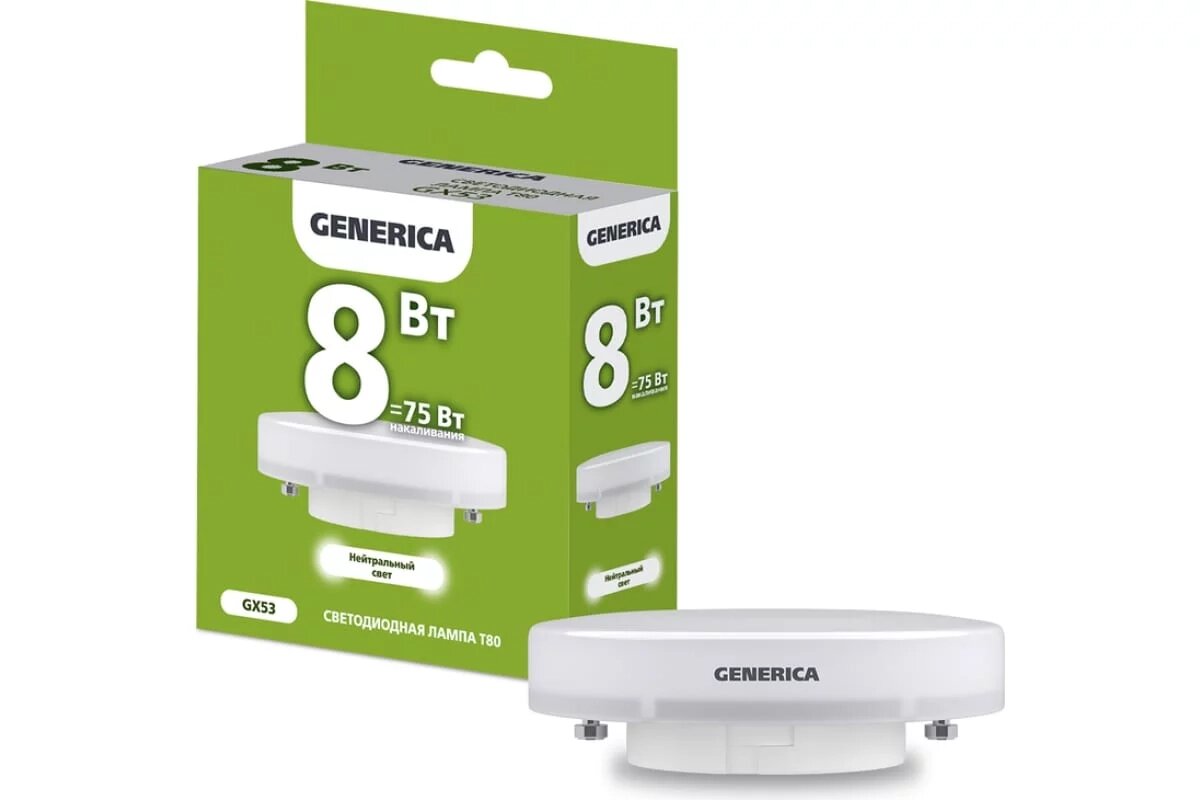 Лампа светодиодная IEK GENERICA T80 таблетка GX53, 8 Вт, 230В, 4000К