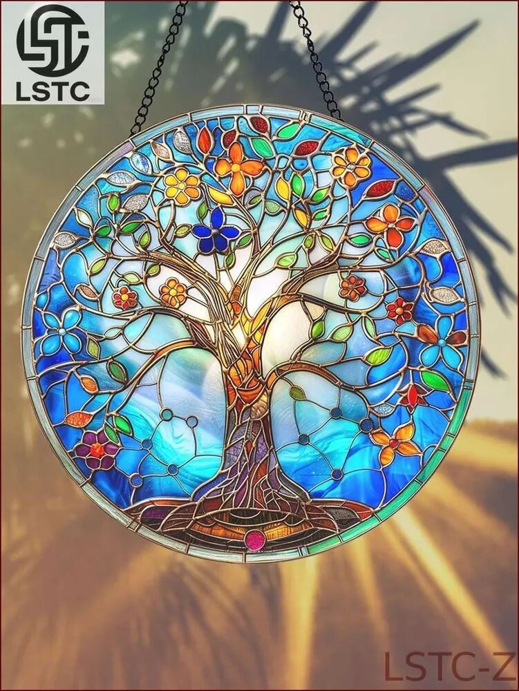 Витражная подвеска Дерево жизни 20 см, декоративный ловец солнца для интерьера и улицы