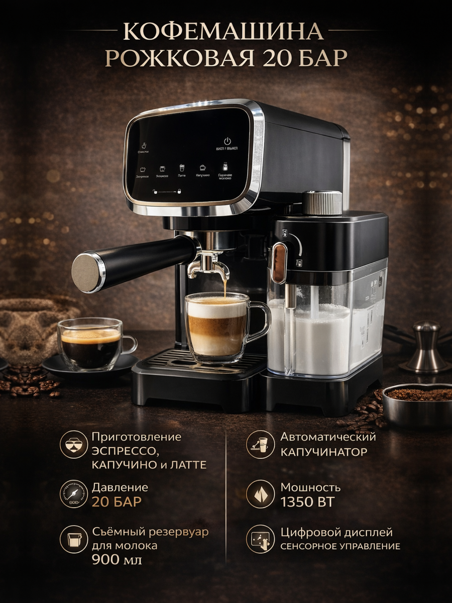 Рожковая кофемашина Gelifez, давление 20 Бар, цифровой дисплей