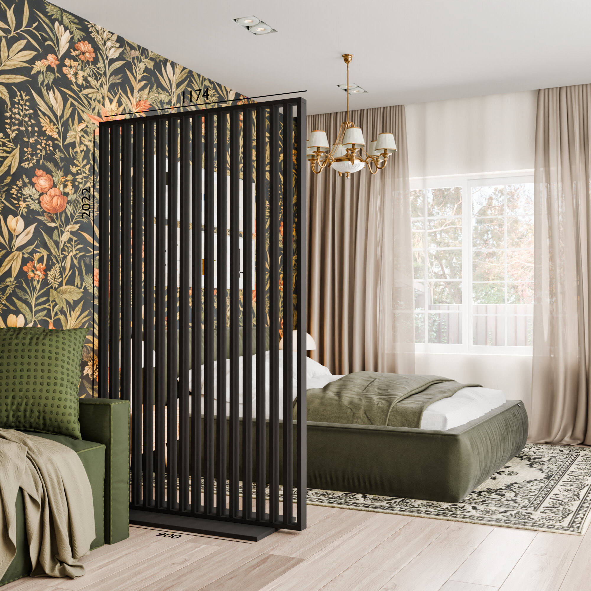 Реечная перегородка ширма для зонирования пространства 1174 мм, Черный