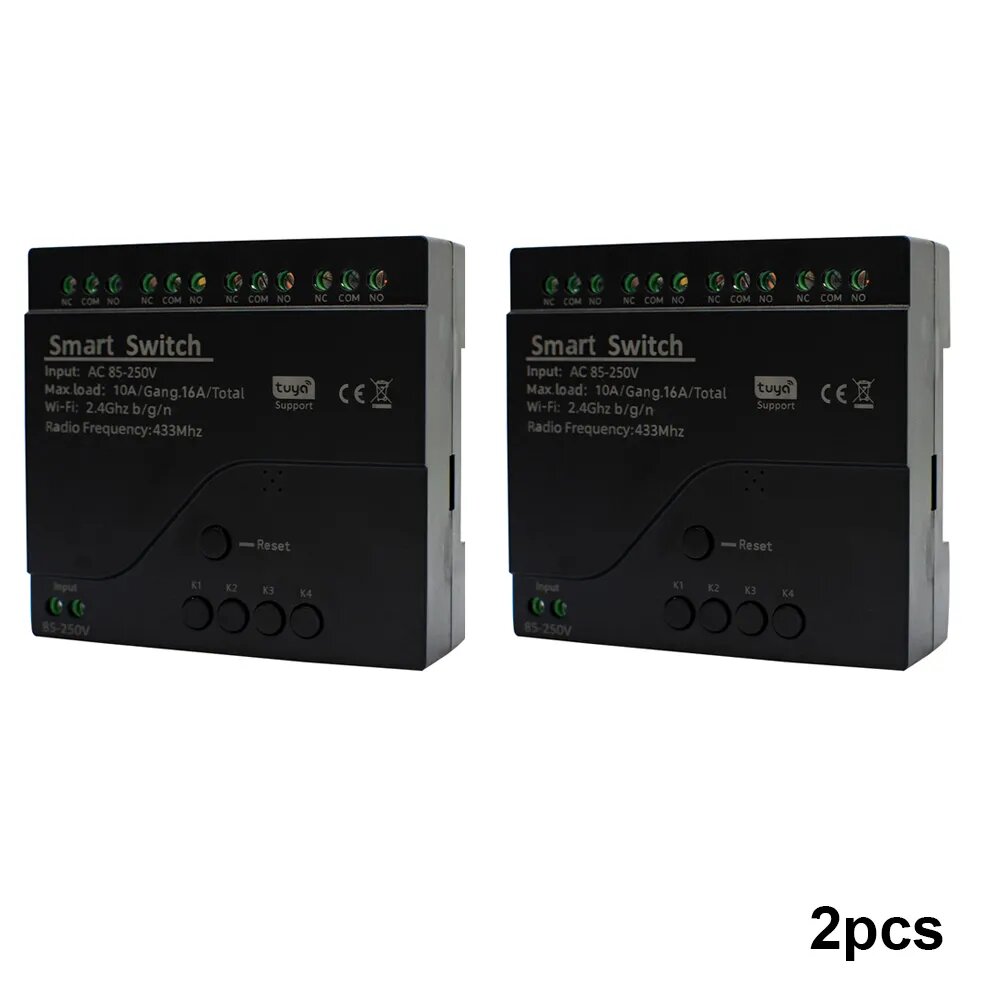 2шт Черный модуль реле tuya 4-канальный AC 85-250V с управлением WIFI+RF433 для умных автоматизированных домов.