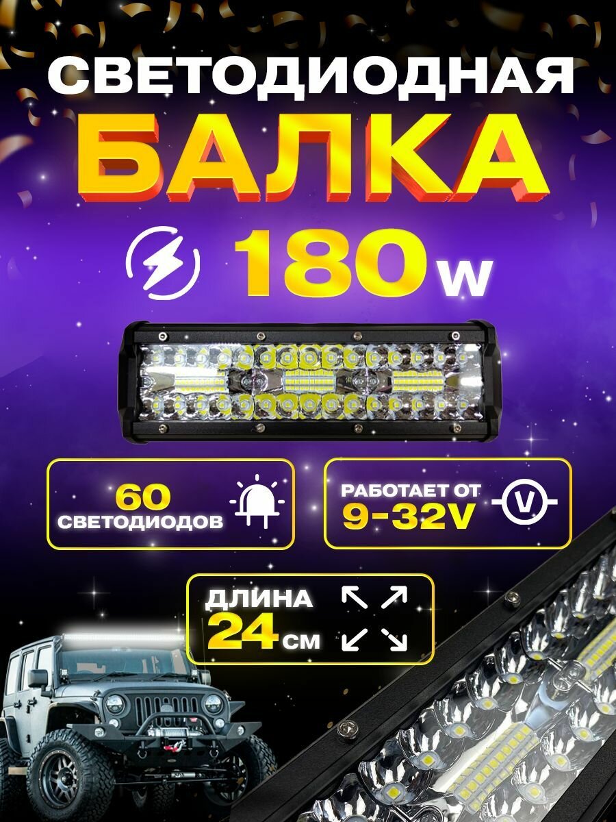 Противотуманные светодиодные фары 1 шт, дополнительный автосвет, вспышки фсо, дневные ходовые огни. Балка 180w. 1шт. 23,6см. 9v-32v. Комбинированный свет