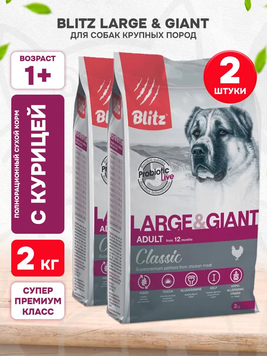 Сухой корм Blitz Classic Adult Large & Giant Breeds Chicken для взрослых собак крупных пород курица, 2 кг х 2 шт