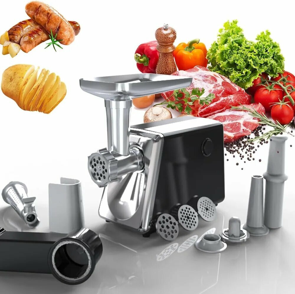 Электрическая мясорубка, 600 Вт, с функцией реверса, 3 решетки, 5 овощерезок, соковыжималка.