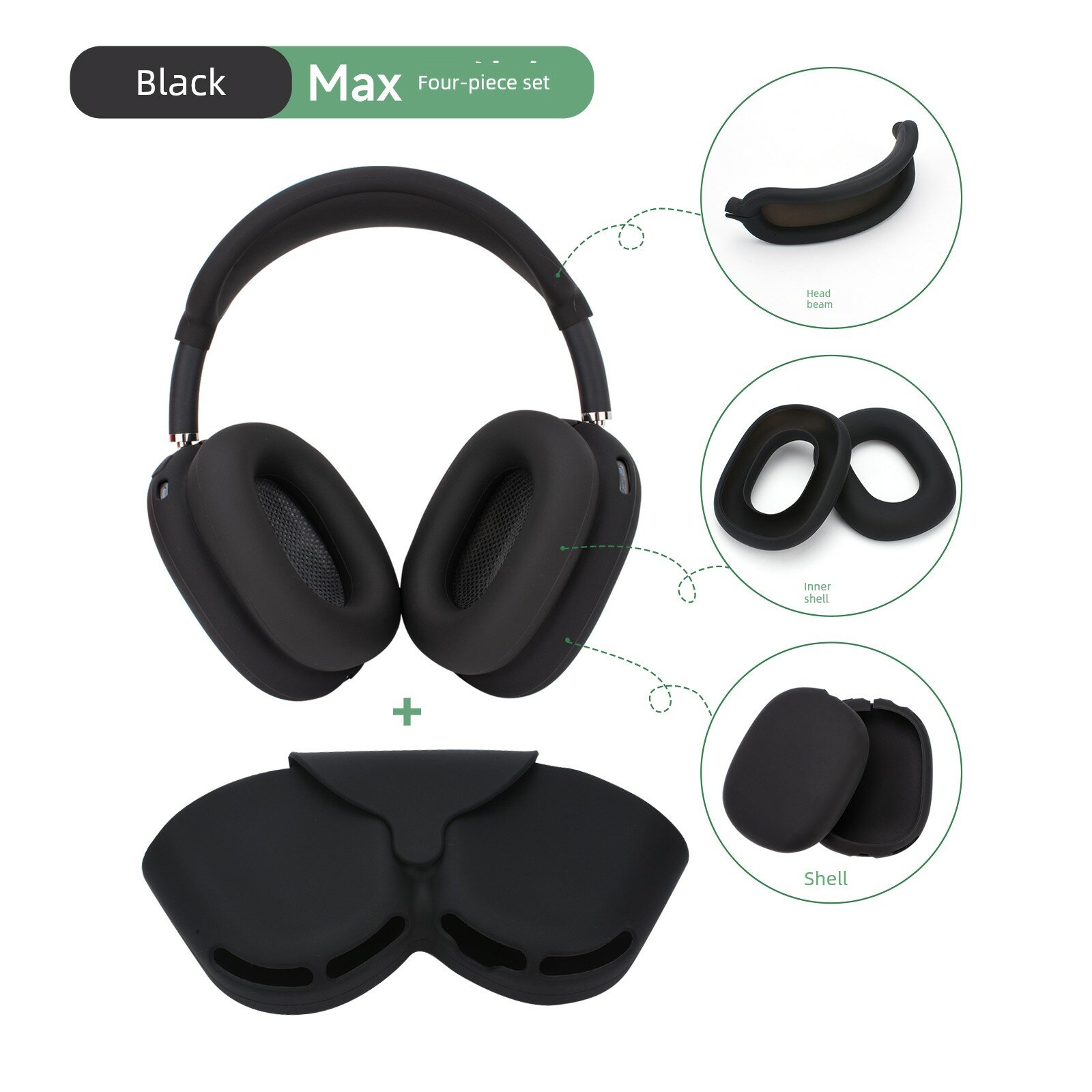 Премиум силиконовая сумка для AirPods Max с подголовником, наушниками, корпусом и чехлом в черном цвете