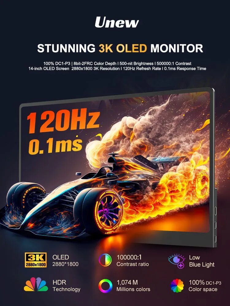 UNEW 14" Монитор Портативный монитор 14 дюймов с сенсорным экраном 3K OLED Typr-C Мобильный дисплей, совместимый с PS4 XBOX Switch PC Mac Phone + подставка, TFT, 2880x1800, 120 Гц, черный матовый