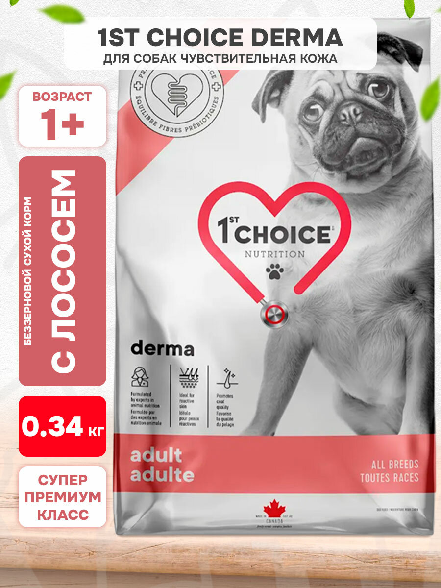 Корм сухой 1st Choice Care Dog Adult All Breeds Derma беззерновой для собак с чувствительной кожей, лосось, 340 г