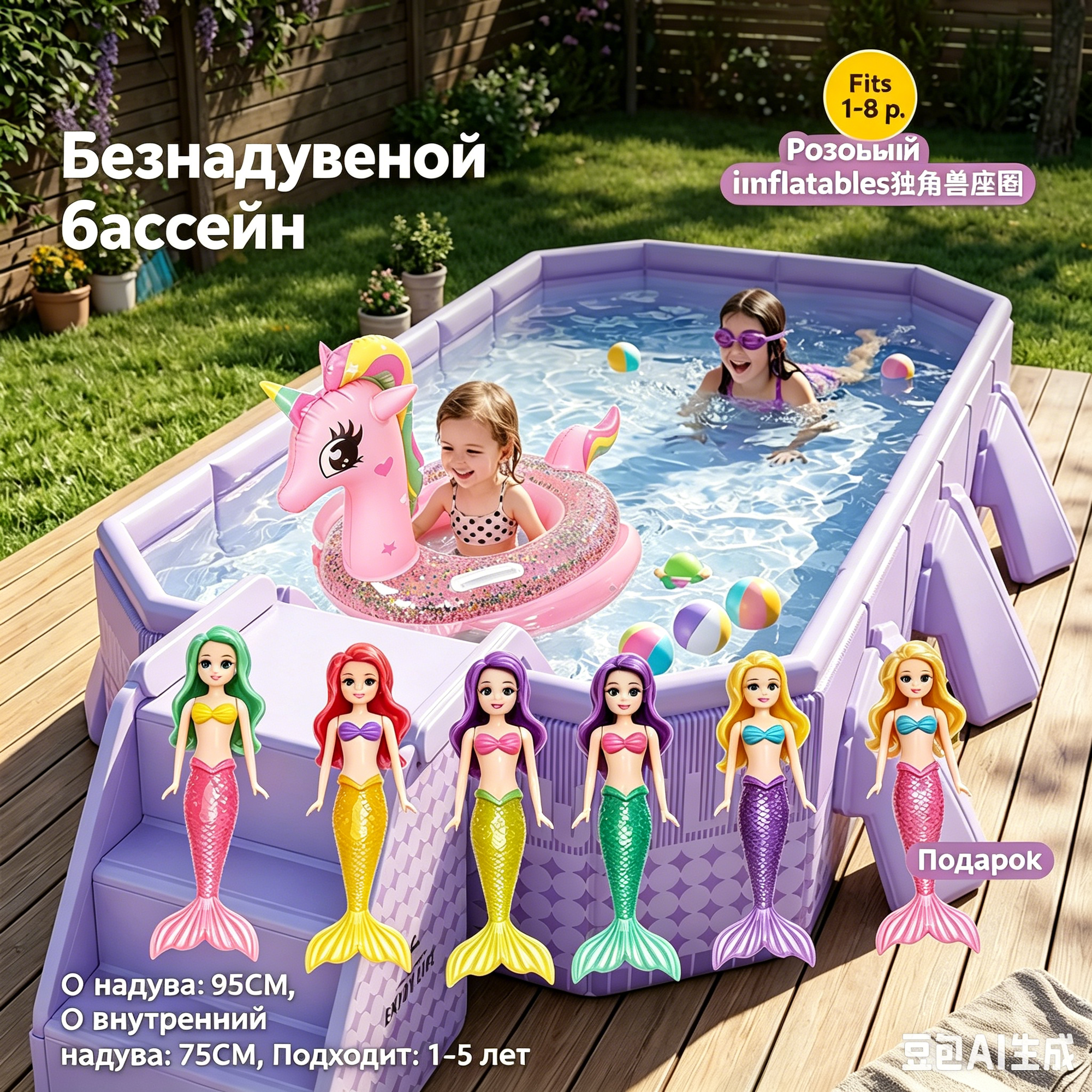 Летний бассейн 3 м для всей семьи, фиолетовый, не надувной, на 1-8 человек + детские сюрпризные подарки!