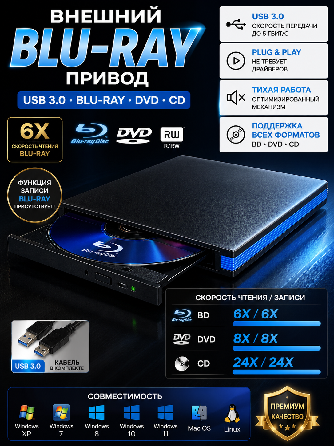 Внешний Blu-Ray-RW, DVD R/RW привод с интерфейсом USB 3.0, Blu-ray привод USB 3.0 с высокоскоростным механизмом